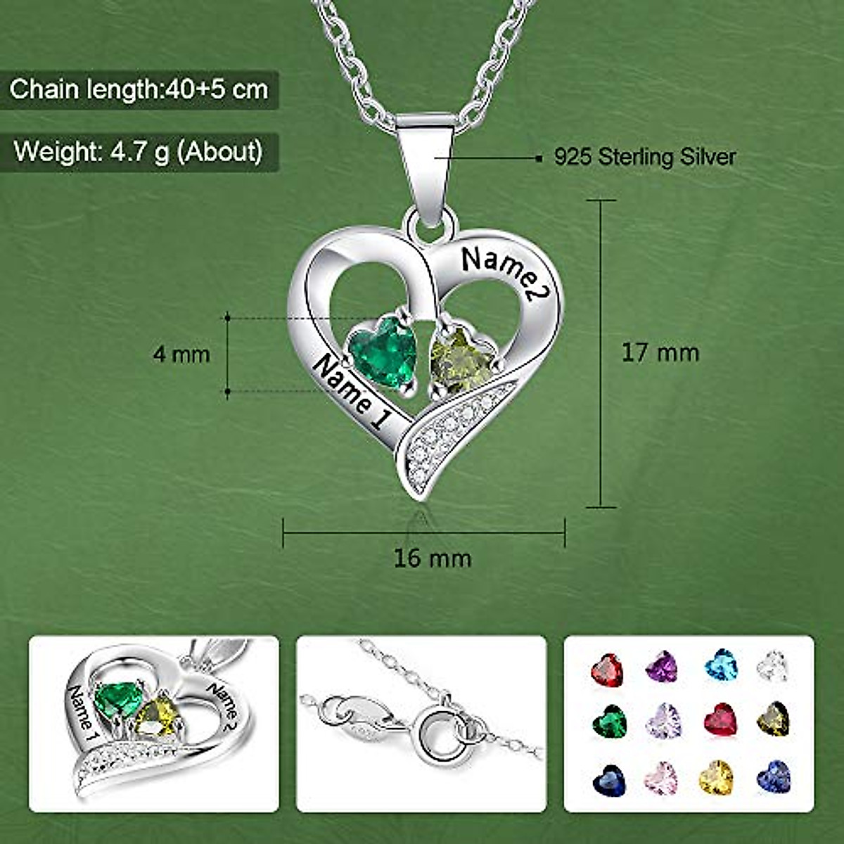 Zomodia Sterling Silver Personalized 2 Names Necklace with 2 Heart Simulated Birthstone Couple Pendant Necklace for Women (Silver)