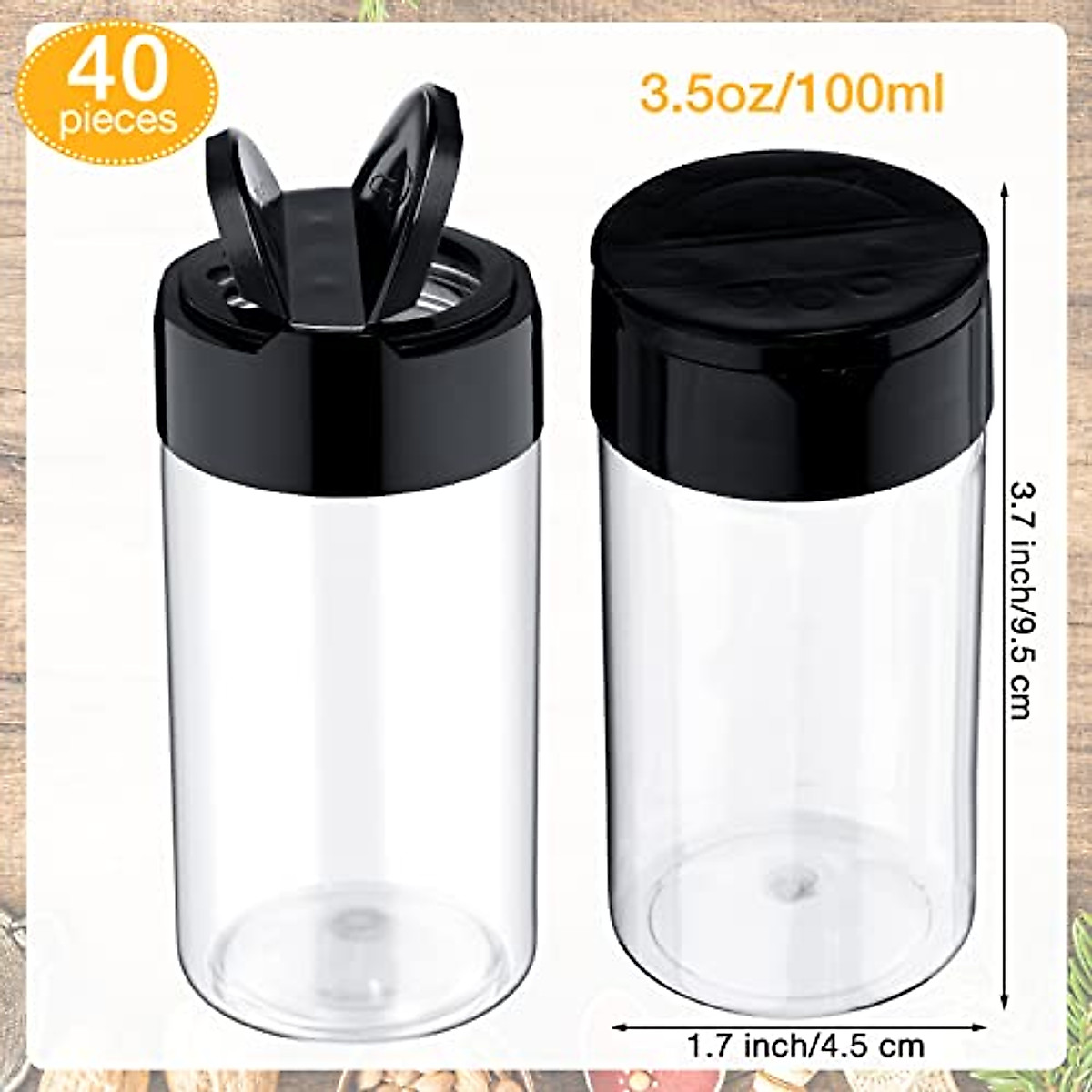 Mimorou 40 Pack Plastic Spice Jar with Shaker Seasoning Containers 3.5 oz Container Black Lids Jars for Kitchen Storing Powder