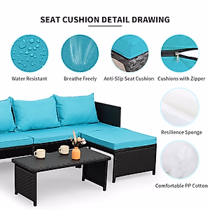 Valita 3-Piece Outdoor PE Rattan Furniture Set Patio Black Wicker Conversation Loveseat Sofa Sectional Couch Turquoise Cushion