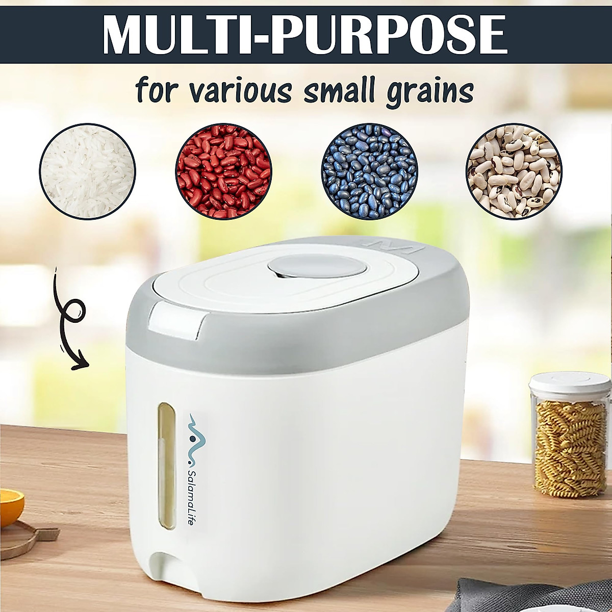 SalamaLife Airtight Food Storage Multi-Purpose Plastic Container with Lids -22 lbs Bucket, Rice dispenser & sugar container-dog food storage, Cereal & Grain Storage- White/Grey