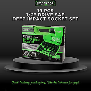 SWANLAKE 1/2" Impact Socket Set, 19-Piece 6 Point Impact Set,SAE (3/8-Inch to 1-1/14") Standard Impact Socket Set, Cr-V, Deep Socket Set 1/2 Drive