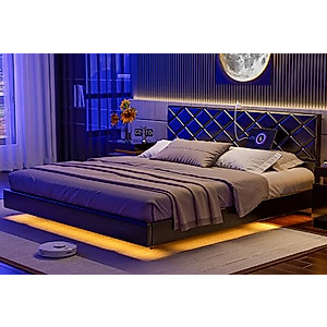 IKIFLY California King Floating Bed Frames with 2 USB Ports - Upholstered Faux Leather Cal King Platform Bed with LED Lights, No Box Spring Needed, Solid Wood Slats, Easy Assembly - Black