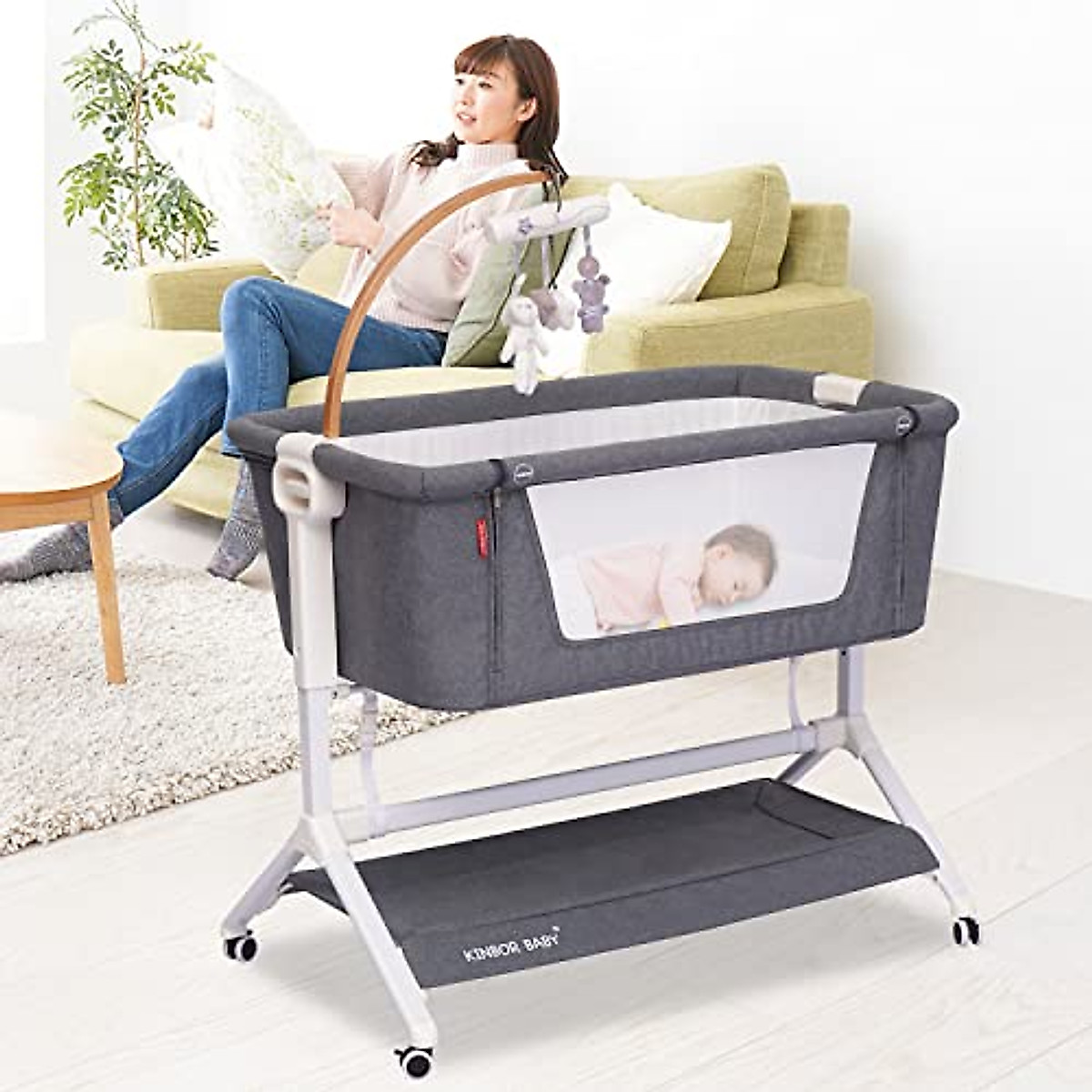 Kinfant Toddler Beds Infant Bassinet - Cribs Bedside Sleeper for New Born Babies Adjustable Portable Bed with Hanging Dolls