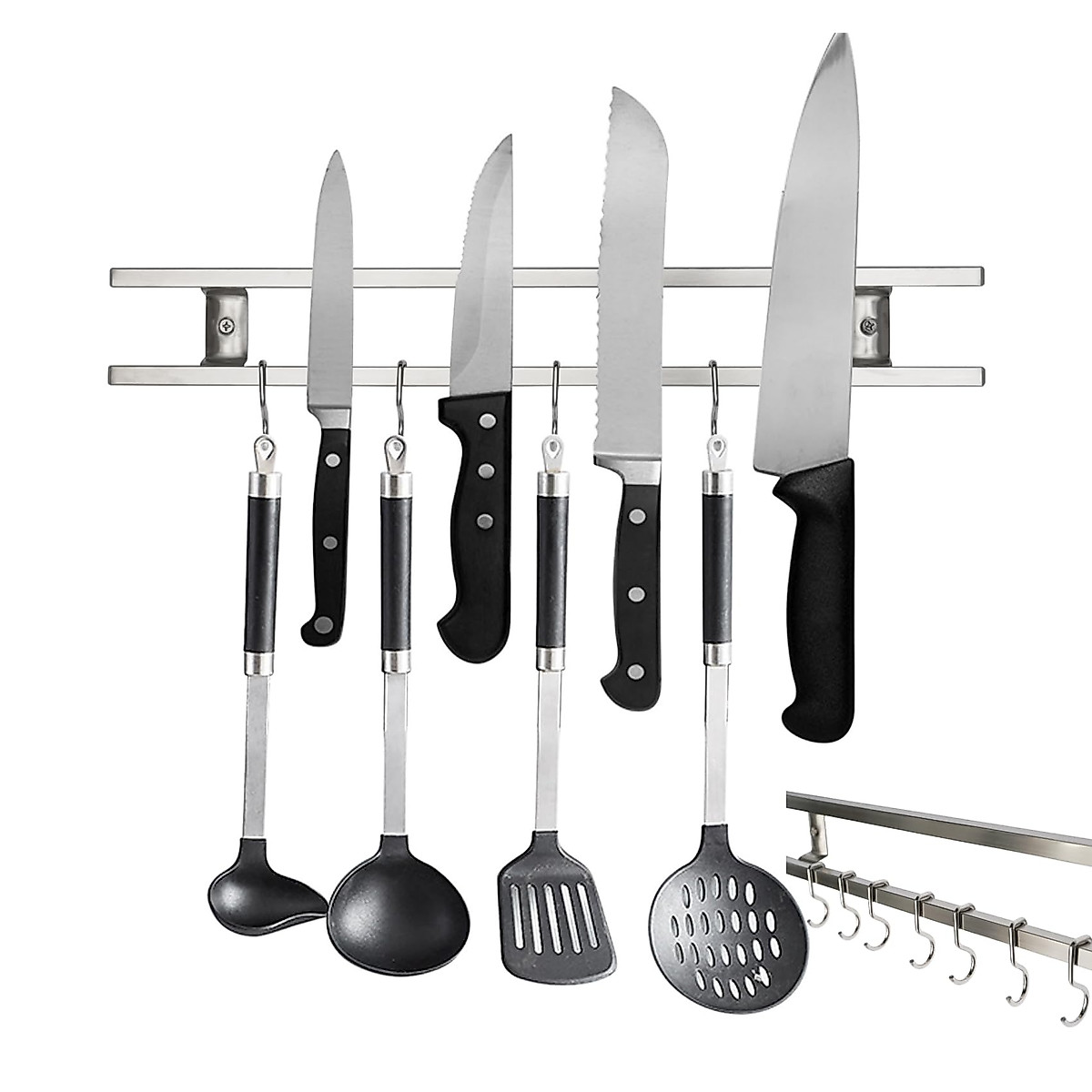 WANLISELL Magnetic Knife Holder for Wall 17.7 Inch Stainless Steel Magnetic Knife Holder Heavy Duty Wall Mounted Magnet Bar Rack With Hooks, Kitchen Utensil Holder