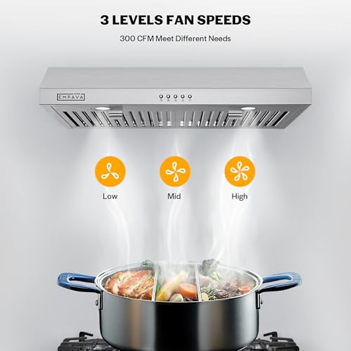 Empava Ductless Under Cabinet Range Hood 36 Inch, Convertible Ducted (Rear/Top Vent), 300 CFM, Push Button Plug in, Stainless Steel