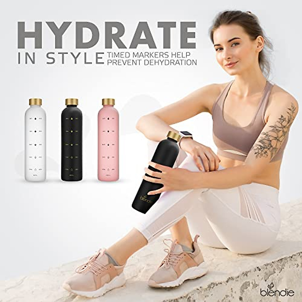 Blendie The Aesthetica Water Bottle with Time Marker - Large 1 Liter / 32 Oz BPA Free,Leakproof and No Sweat - Ensure You Drink Enough Water Daily for Fitness, Gym and Outdoor Activity