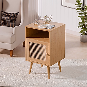 Xilingol Modern Rattan Nightstand, Boho Side Table with Handmade Rattan Decorated Door, Wood Bedside Table with Open Storage Shelf for Bedroom,Natural (no Charging Station, 1)