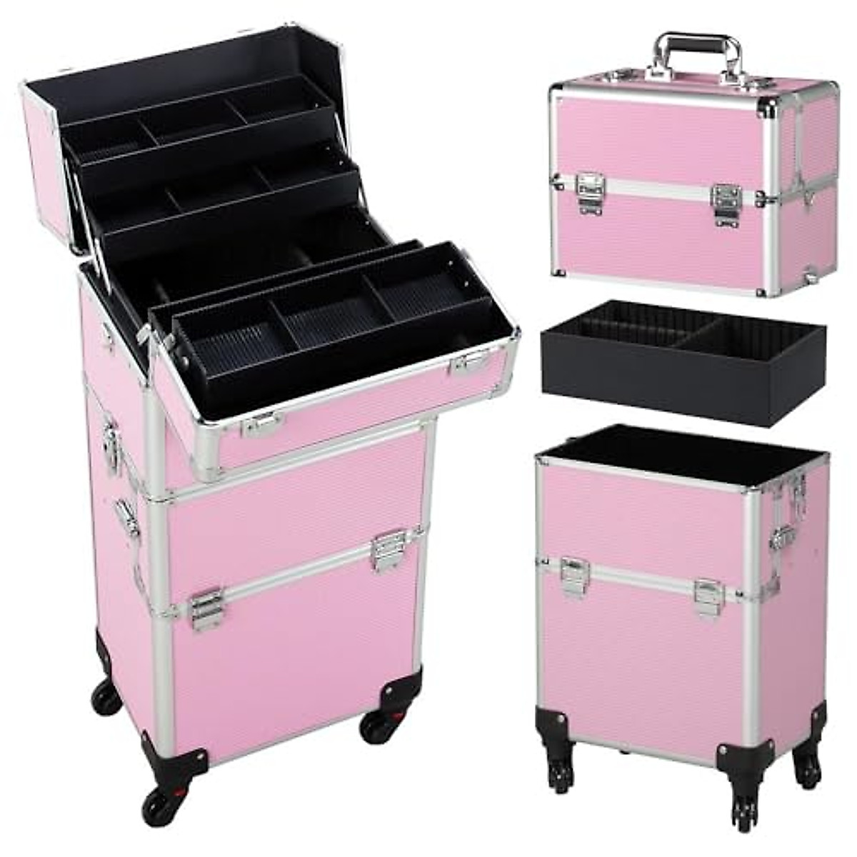 Topeakmart 3 In 1 Aluminum Professional Rolling Cosmetic Case, Beauty Storage Trolley, Make Up Storage Organizer, Makeup Travel Case - With Wheels, Folding Trays and Large Compartments - Pink