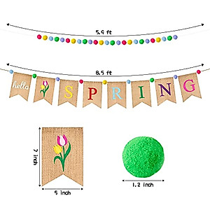 WATINC 2pcs Hello Spring Burlap Banner Pom Pom Garland Set, Happy Spring Bunting Garland with Flower, Rustic Spring Theme Party Banner Hanging Decorations for Mantle Fireplace Home Wall Decor Supplies