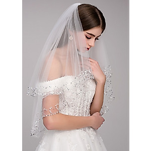 Malishow 2 Tiers Beaded Wedding Veil Sequin Pearl Edge Bling Bridal Veils New white