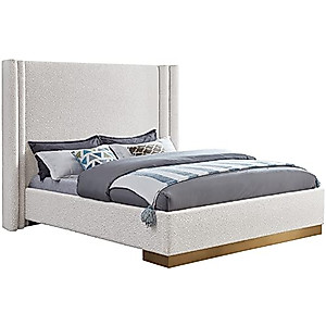 Meridian Furniture HaltonCream-Q Halton Collection Modern | Contemporary Boucle Fabric Upholstered Queen Bed, Rich Cream Boucle Fabric, Brushed Gold Metal Base, 78" W x 86.5" D x 65" H, Cream, Queen