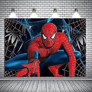 Spiderman Photography Backdrops Red Superhero Photo Background for Baby Shower Kids Happy Birthday Spiderman Decoration Cake Table Banner 5x3ft
