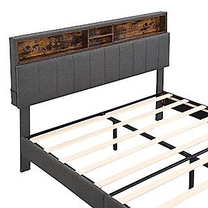 Merax Modern Upholstered Platform Bed with Storage Headboard and USB Port Wood Bed Frame No Box Spring Needed/Easy Assembly Full, Gray