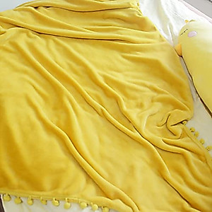 Boho Throw Blanket for Sofa, Gold Throw Blanket with Pompom, Mustard Yellow Cozy Blanket with Fringe, Lightweight Plush Blanket for Couch 51 * 63 Inches