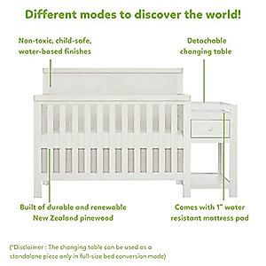 SweetPea Baby Meadowland 5-in-1 Convertible Crib & Changer I Attached Changer I Removable Changing Pad I Space-Saving Storage I Farmhouse Design, Weathered White