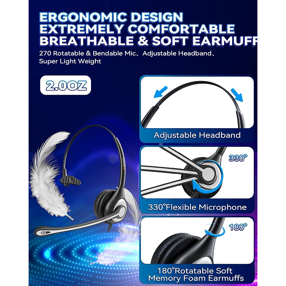 Wantek Corded Office Telephone Headset RJ9 with Noise Cancelling Mic and Quick Disconnect Compatible with Polycom VVX310 VVX311 VVX410 VVX411 Shoretel 230 480 Avaya 1408 1416 5410 Mitel 5220(600QS3)