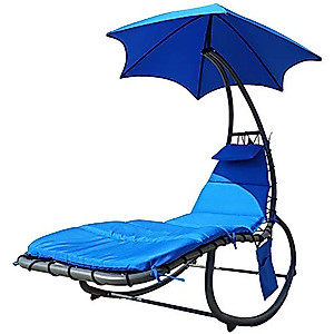 BalanceFrom Hanging Rocking Curved Chaise Lounge Chair Swing with Cushion, Pillow, Canopy, Stand and Storage Pouch, 330-Pound Capacity, Rocking Chair, Blue