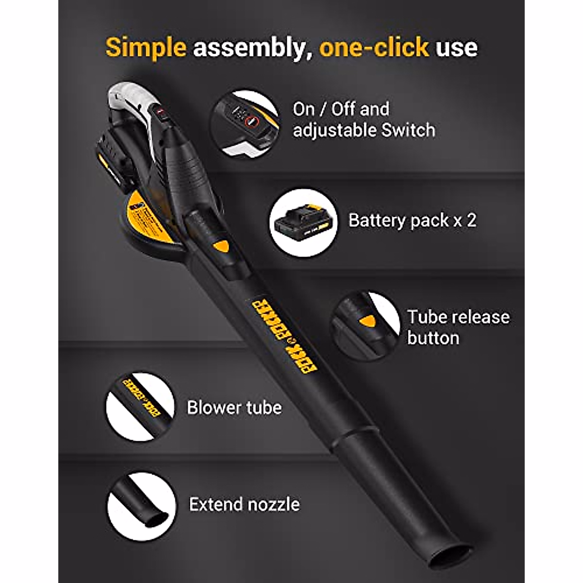 Cordless Leaf Blower with 2 X 20V Battery and Charger, Rock&Rocker Electric Leaf Blower 120MPH/170CFM 6 Adjustable Speeds and 2 Adjustable Tubes for Lawn Care/Yard/Jobsite/Patio