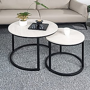 Miereirl Round Nesting Coffee Table Set 2 for Living Room Bedroom Office Side End Tables Sturdy Metal Frame and Faux Marble Table Top White Grey