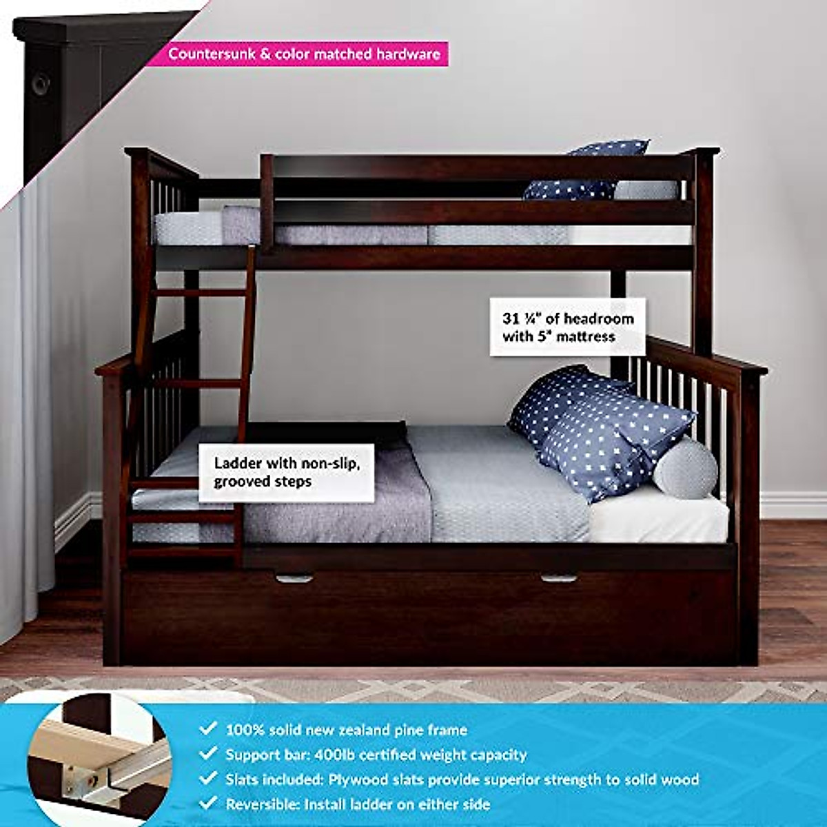 Max & Lily Bunk Bed, Twin-Over-Full Wood Bed Frame For Kids With Trundle, Espresso