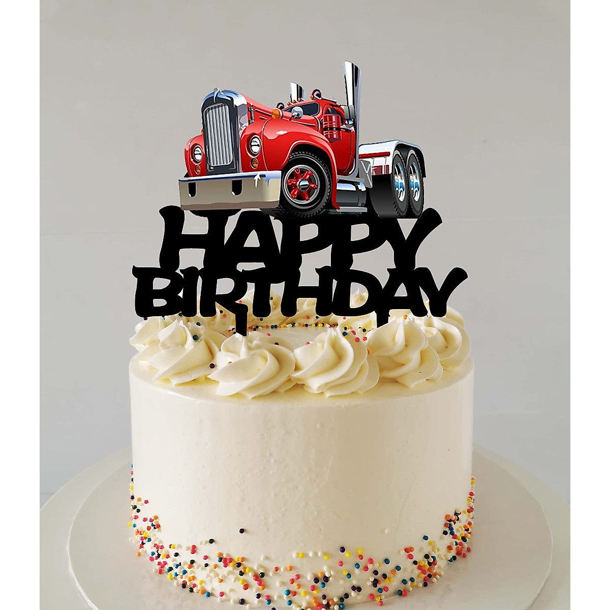 Heavy Truck Cake Topper Black Acrylic Transportation Theme Birthday Supplies, Heavy Truck Happy Birthday Cake Topper for Kid's Boy's Men' Birthday Party Decorations（Red）