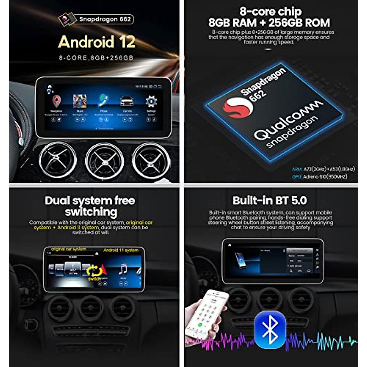 Android 12 Car Stereo GPS Sat Nav for Mercedes-Benz C-Class W204 Class C300 Touchscreen Multimedia Player Mirror Link TPMS CarPlay + DVR,Qualcomm 662 8+256GB 12.5 inch-（2011-2013） NTG4.5 LHD