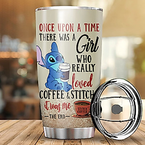 XXME Blue Alien 20 Oz Tumbler With Lid, Once Upon A Time There Was Girl Who Really Loved Cartoon Character Insulated Coffee Travel Tumbler, Gifts For Lovers, Birthday Daughter Son, Beige 1