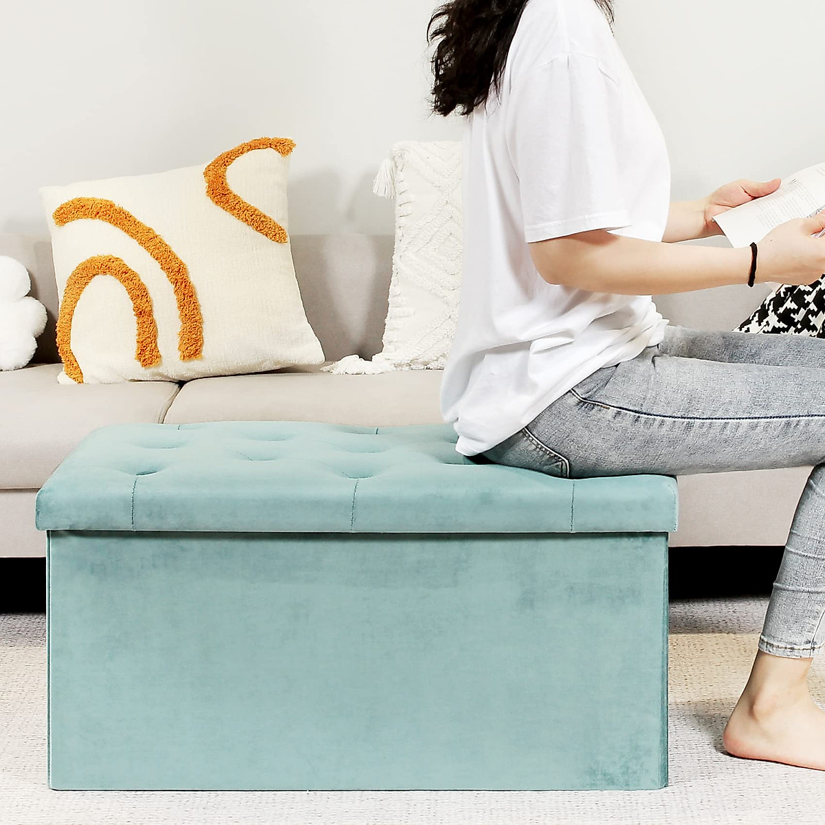 B FSOBEIIALEO Folding Storage Ottoman, Long Ottomans Shoes Bench, Velvet Storage Chest Footrest Seat 31.5"x15.7"x15.7" (Teal, Large)