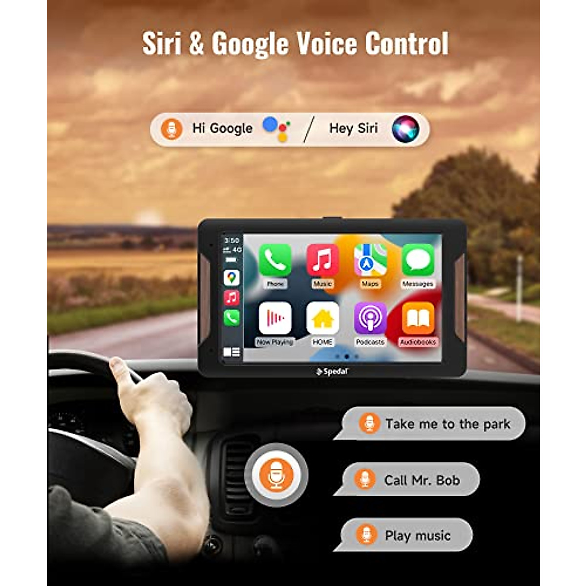 Spedal 7 Inch Wireless Apple CarPlay and Android Auto, Portable Car Stereo with Mirror Link, Multimedia Player, Bluetooth, AUX/FM, Google and Siri Assistant, Dash or Windshield Mounted