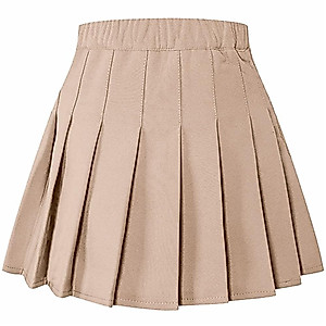 SHOOYING Women's Pleated Short Skirt High Waist Tennis Plain A-line Mini School Uniform Short Skirt with Lining Shorts, Light Khaki, US Size M