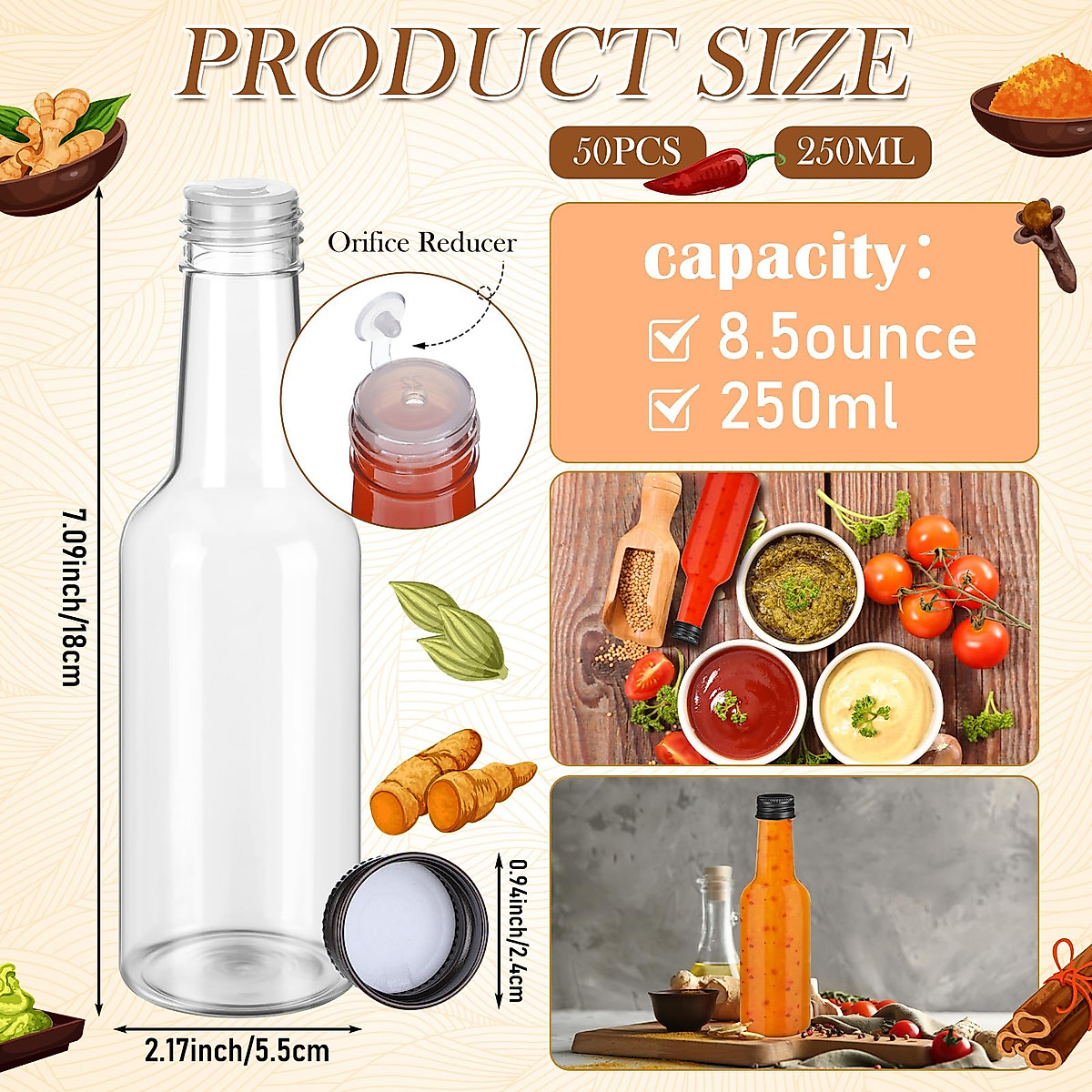 Zubebe 50 Pcs Hot Sauce Bottles 8.5 oz Woozy Bottles Clear Empty Mini Liquor Bottles Plastic Alcohol Bottles with Leak Proof Screw Caps for Oil Milk Beverages Salad Dressing Birthday Party Favors