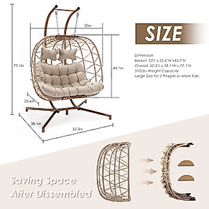 NICESOUL® Double Egg Chair Oversized 2 Person Patio Swing Chair with Stand, Indoor Outdoor Large PE Wicker Egg Shaped Hanging Egg Chair Thick Cushion (Beige)