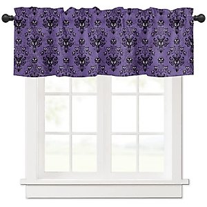 BestLives Halloween Curtain Valance for Windows Haunted Mansion Ghost Purple Rod Pocket Valance Window Treatments 1 Panel Short Curtains for Kitchen Windows Bathroom 54 x 18 inch