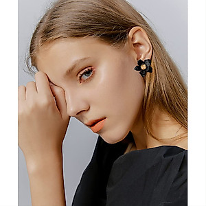 Chic Cute Boho Matte Flower Statement Stud Earrings with Gold Flower Bud for Women Sister Mom Lover and Friends (Black)