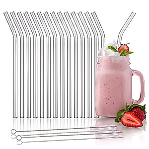 THRISTO Glass Straw 16-Pack- Glass Straws Shatter Resistant 14 Bent, 10”x10mm, 2x Cleaning Brushes- Foam Wrap Secured- Ideal for Hot Coffee & Chilled Smoothie at Home & Party