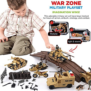 Liberty Imports 42 PCS Military Base Toy Combat Zone Playset - Battle Site with Tanks, Boat, Motorcycle, Trucks, Army Men Soldier Action Figures, Weapons, and Accessories for Kids