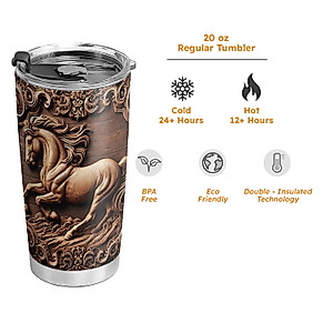 20oz Printed Wooden Horse Tumbler, Equestrian Gifts for Horse Lovers, Country Horses Coffee Thermos for Men, Women, Stainless Steel Double Wall Vacuum Insulated Coffee Mug, Travel Cup with Lid
