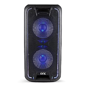 QFX PBX-100 Portable Rechargeable Bluetooth Speaker with LED Party Lights, Dual 10 in. Woofers, TWS, FM Radio, Handles and Wheels