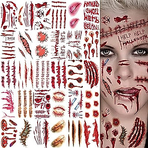 30 Sheets 215+ PCS 3D Fake Scars Tattoo Temporary Halloween Makeup Kit, Fake Stitches Tattoos Blood Chucky Scars Tatoos For Kids Women Men Boys Girls Sticker For 2023 Halloween Decoration