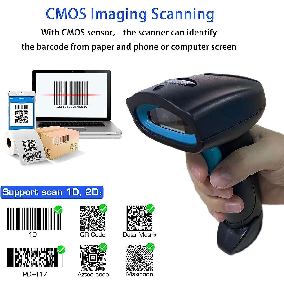 Wireless Bluetooth Barcode Scanner Automatic 2D QR Code Scanner Wireless for POS System, 1D PDF417 Screen Scanning Barcode Reader for Warehouse Inventory,Supermarket,Retail Shop