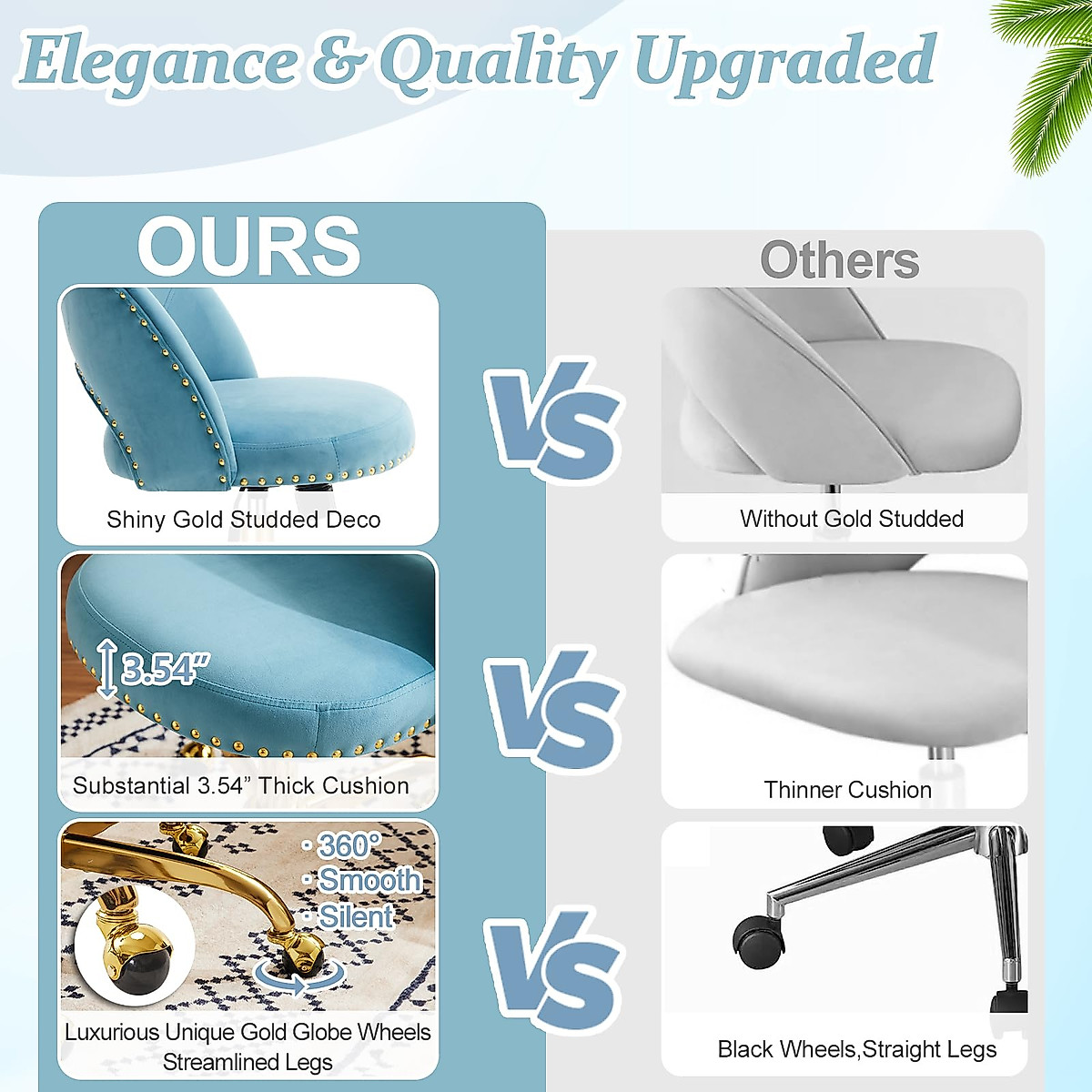 VINGLI Modern Velvet Small Office Chair,Cute Desk Chair with Wheels,Gold Base/Studs, Comfy Armless Swivel Vanity Task Chair for Women/Girl/Kids, Nail Tech Chair for Bedroom,Small Space,Cruising Blue