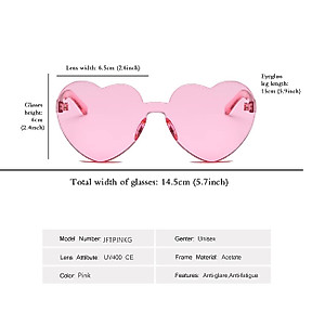 JFTOWN 6 Pairs Pink Heart Shape Rimless Valentines Sunglasses Candy Color Frameless One Piece Love Glasses Tinted Eyewear for Women Party Favor (Pink)