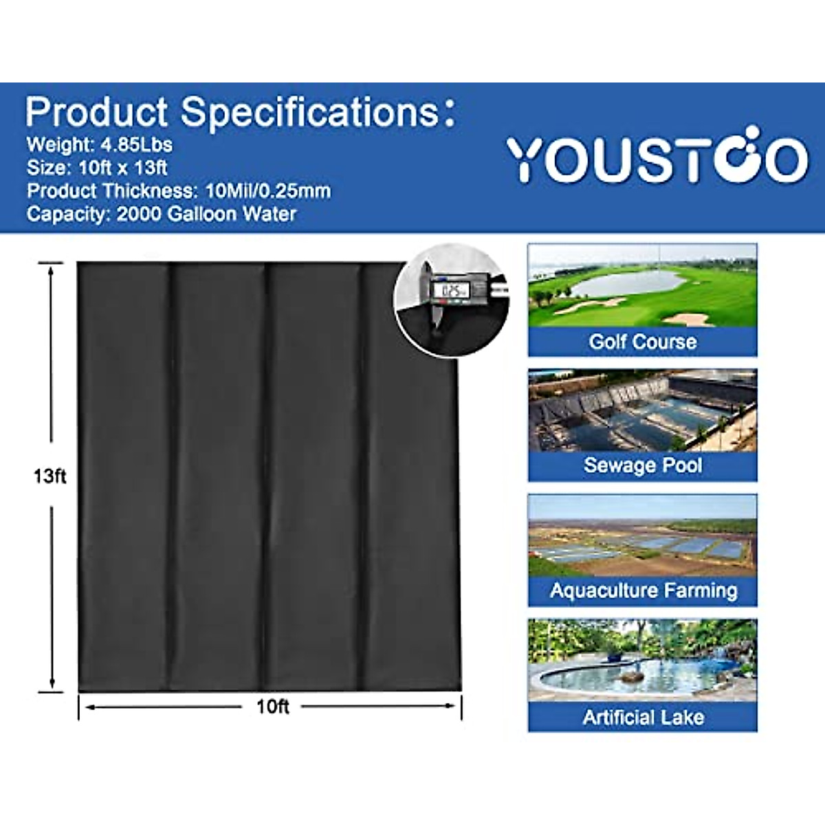 YOUSTOO Pond Liner - 10 by 13-Feet Fish Pond Liners for Outdoor Ponds, Lightweight Highly Flexible Pond Skins for Fish Ponds, Water Features, Garden Water Fountains, Waterfalls