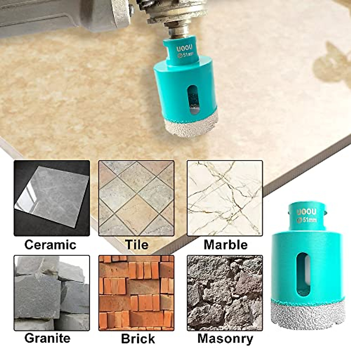 UOOU Diamond Hole Saw Kit for Porcelain Tile Ceramic Marble Brick Vacuum Brazed Diamond Core Drill Bits Deluxe Set for Porcelain Tile Granite Marble Stone Brick. ((25mm 35mm 45mm 51mm 65mm 75mm)+Sds Adapter)
