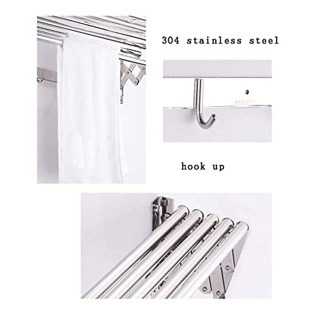 XMCX Foldable Clothes Drying Rack Wall Mounted 5 Rails Dryer Retractable Airer Bathroom Towel Rail Hooks Washing Cloth Line Stainless Steel Extendable Easy Storage (Size : 40cm)