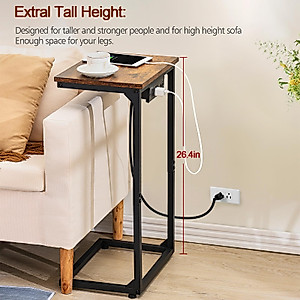 AMHANCIBLE Couch Table with Charging Station, Tv Trays Set of 2, C Shaped End Table for Sofa, C Table End Table for Living Room, Side Tables for Small Space, Bedroom, Metal Frame, Brown HET02BPBR