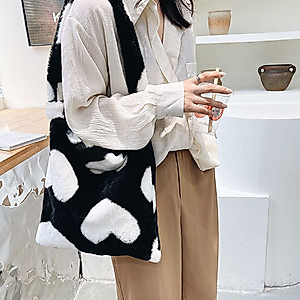 SUVIA Women Girls Fluffy Plush Shoulder Bag Large Cute Fashion Flower Handbag Soft Warm Dating Shopping Underarm Purse (B: White Hearts), medium