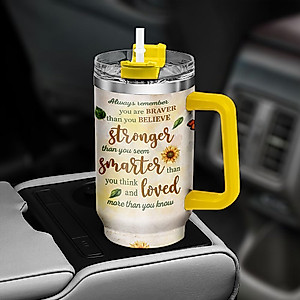 99OWL Yellow Women Flower Tumblers For Coffee Cups Floral Handle Butterfly, Tumbler 40 Oz With Handle Lid And Straw, Sunflower Inspirational, Sunflower Gifts