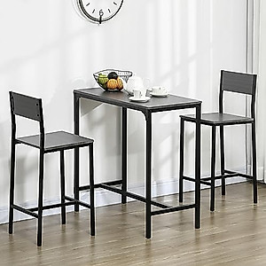 HOMCOM 3 Piece Bar Table and Chairs, Industrial Dining Table Set for 2, Counter Height Kitchen Table with Bar stools, Breakfast Table Set for 2 for Small Space, Gray