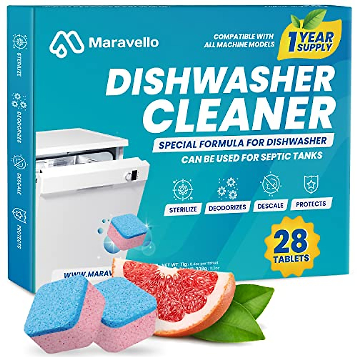Maravello Dishwasher Cleaner And Powerful Formula Washer Cleaner Tablets For HE Front Loader And Top Load, Septic Tank Safe,12 Months Supply